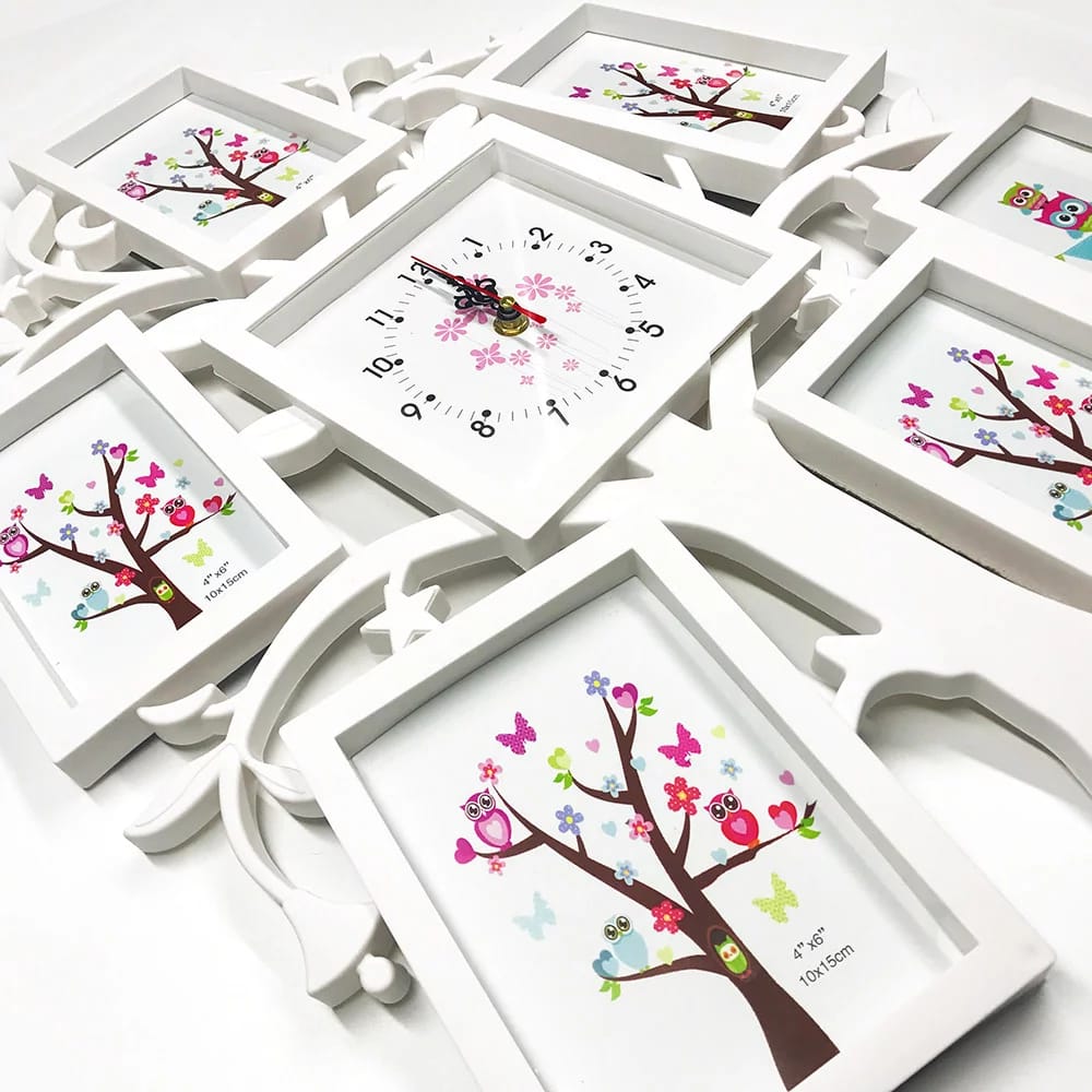 Rama foto Copac, cu 6 poze, ceas functional, alba, 55x45, Amied Concept ...