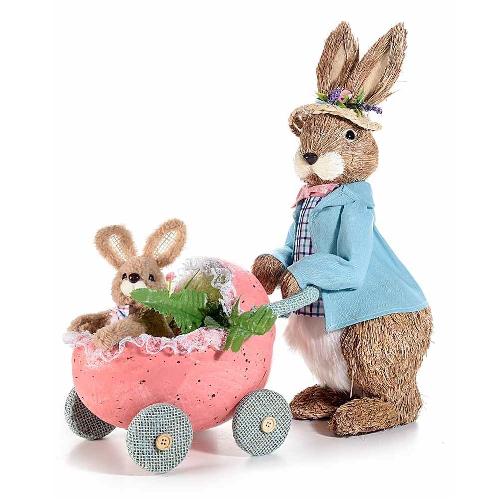 Figurina Iepuras Paste Boy cu carucior textil fibre naturale 40 cm x 14 ...