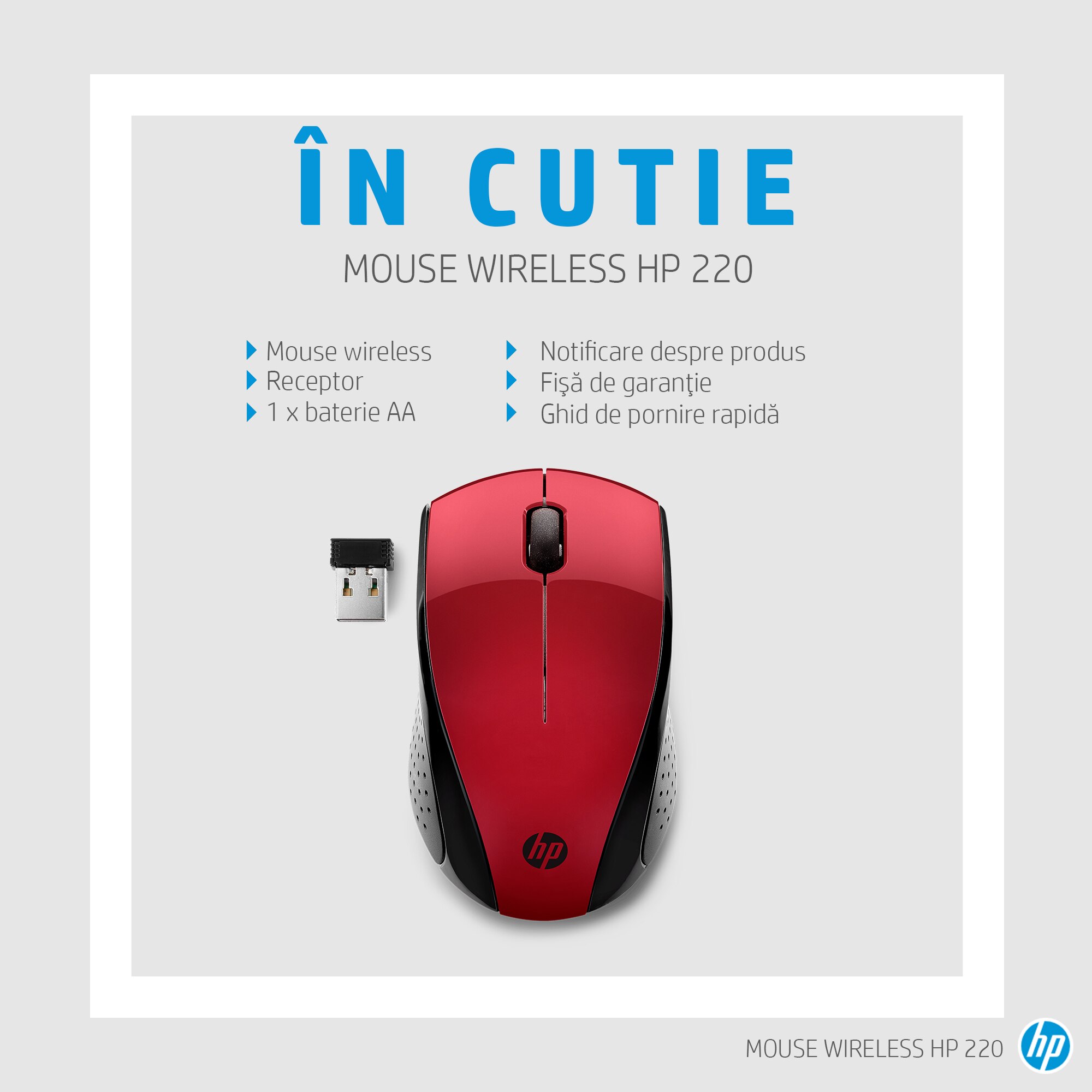 Mouse wireless HP 220 Sunset Red, nano-dongle USB 2,4GHz, ambidextru ...