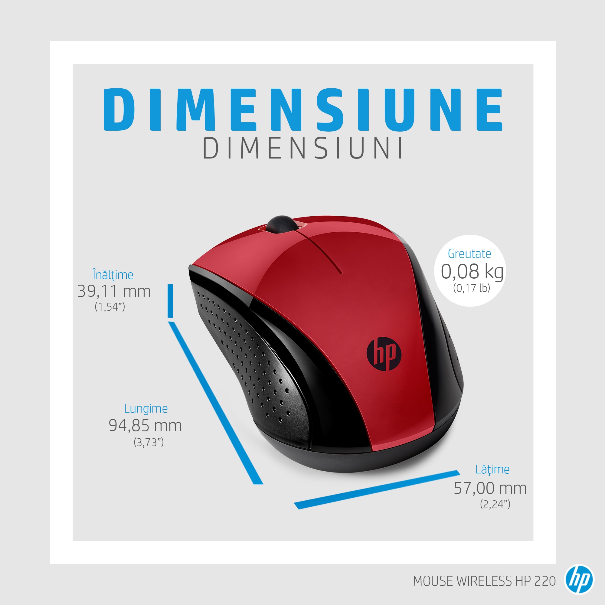 Mouse wireless HP 220 Sunset Red, nano-dongle USB 2,4GHz, ambidextru ...