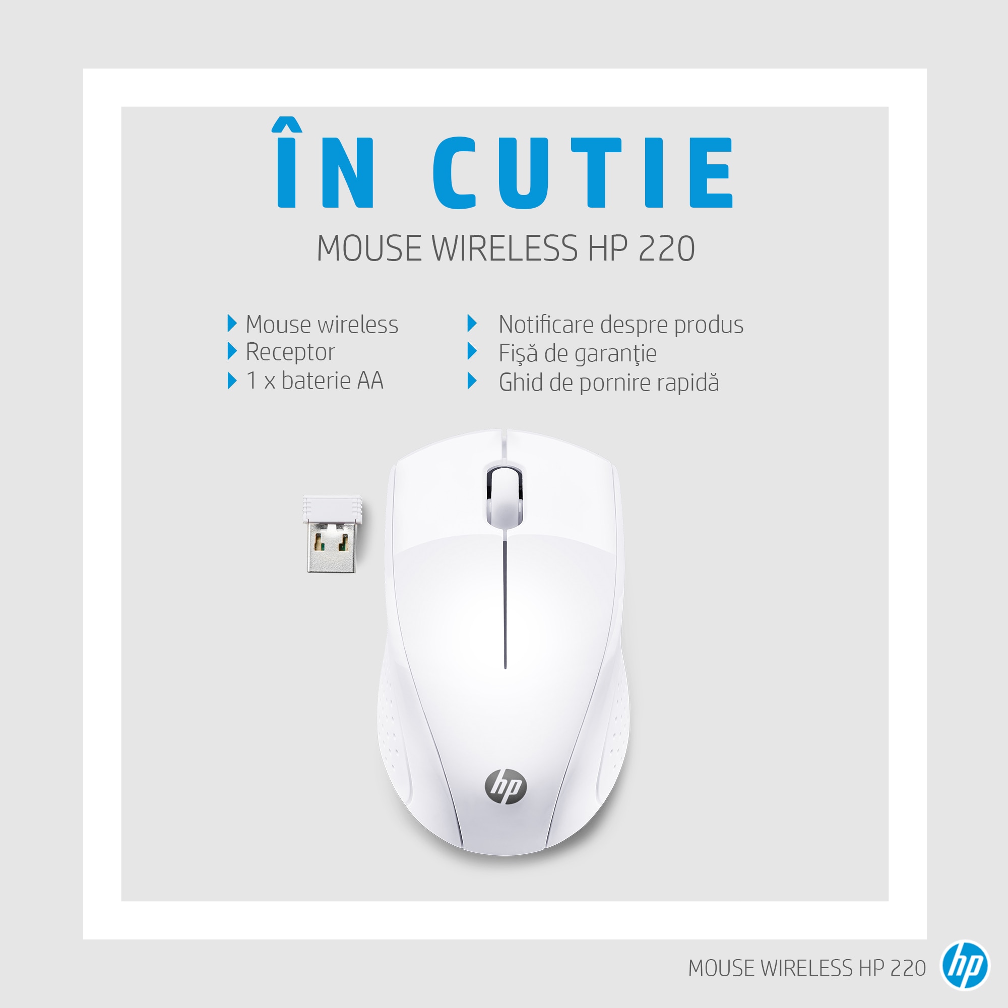 Mouse wireless HP 220 Snow White, nano-dongle USB 2,4GHz, ambidextru ...