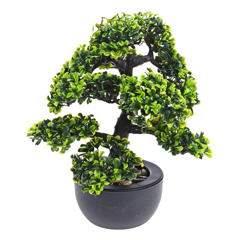 Bonsai Artificial cu frunza verde deschis si inchis, in ghiveci Negru ...