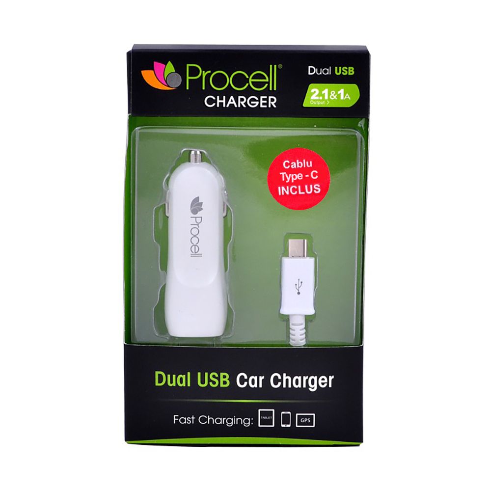 Incarcator Auto Dual USB 2.1A Alb cu cablu Type-C Procell - eMAG.ro