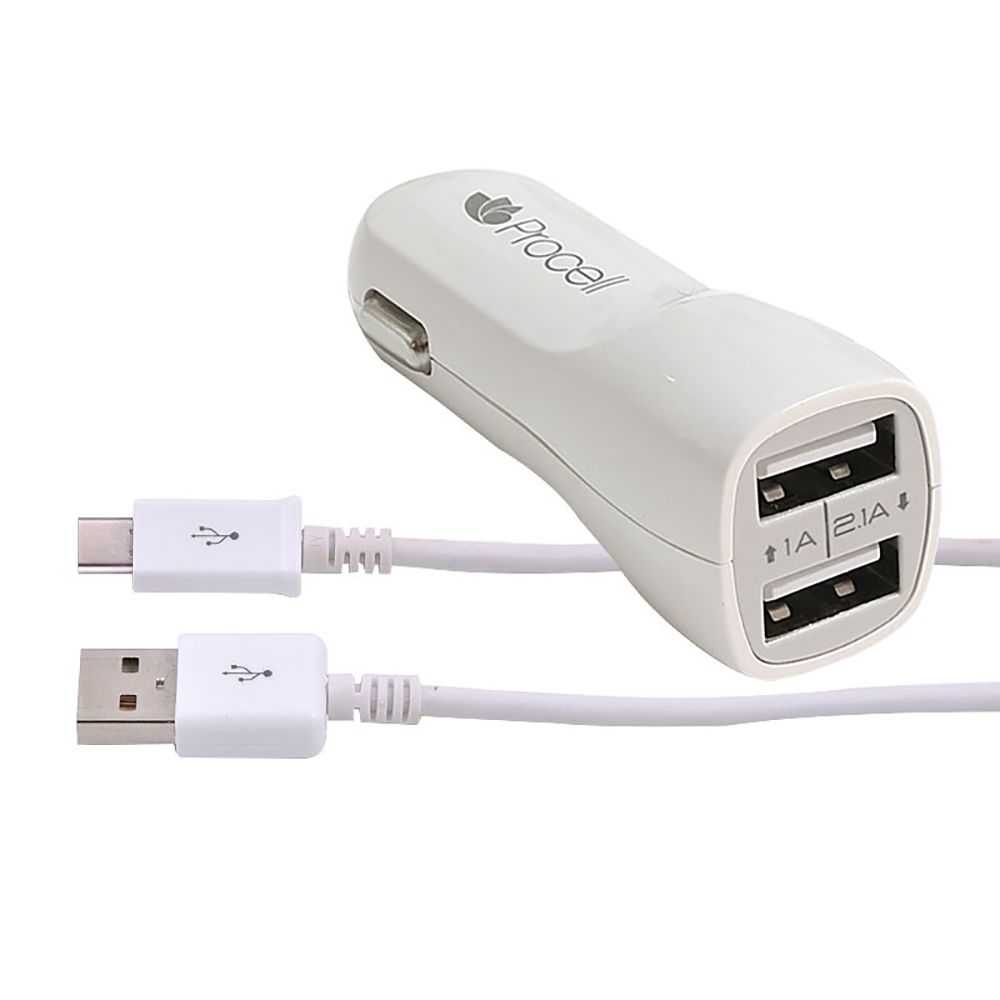 Incarcator Auto Dual USB 2.1A Alb cu cablu Type-C Procell - eMAG.ro