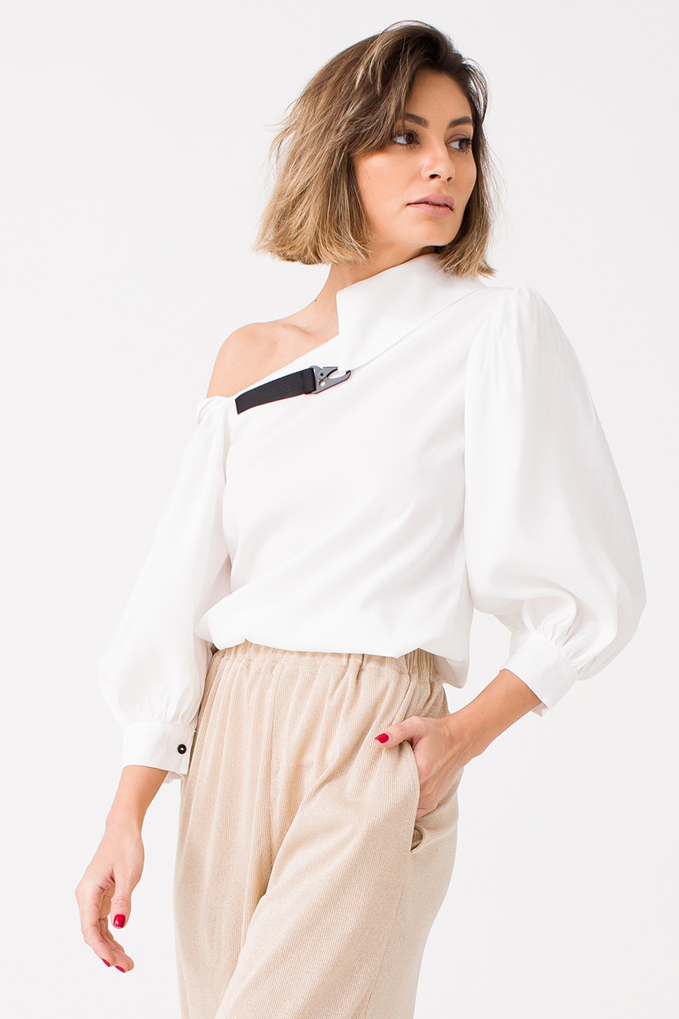 LIN APPAREL, Bluza cu model asimetric, Alb, S - eMAG.ro