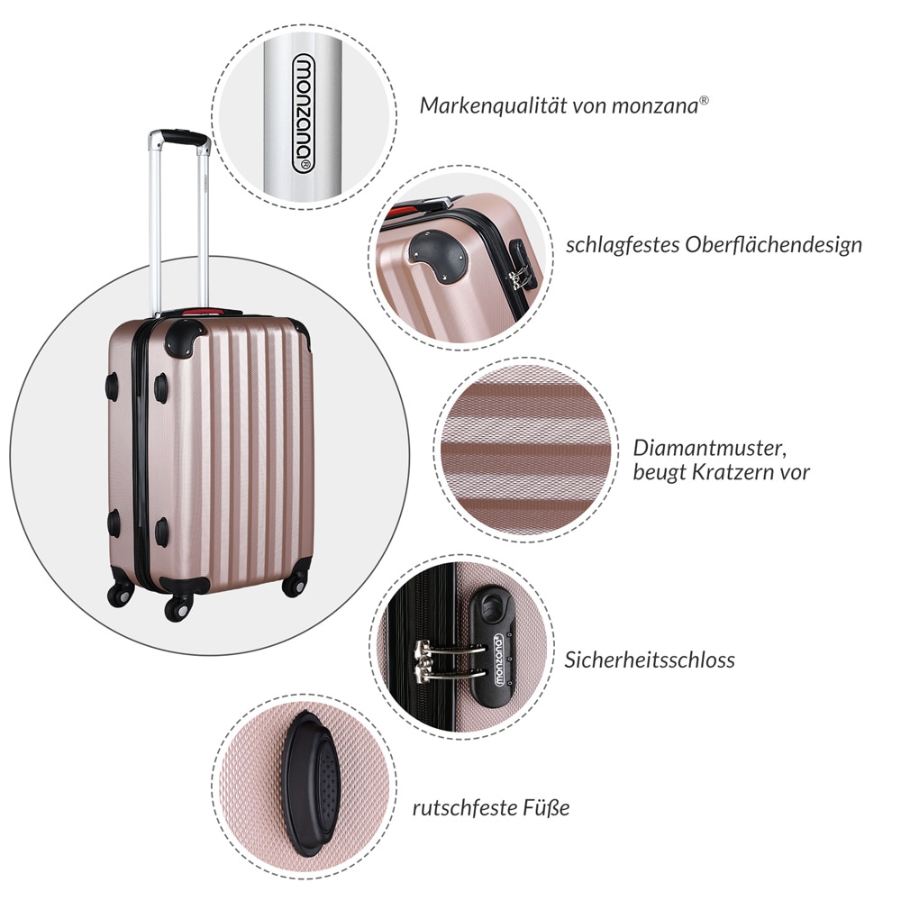 Set 4 Trolere ABS dur, roz metalizat, ,M,L,XL +geanta cosmetice,Monzana ...