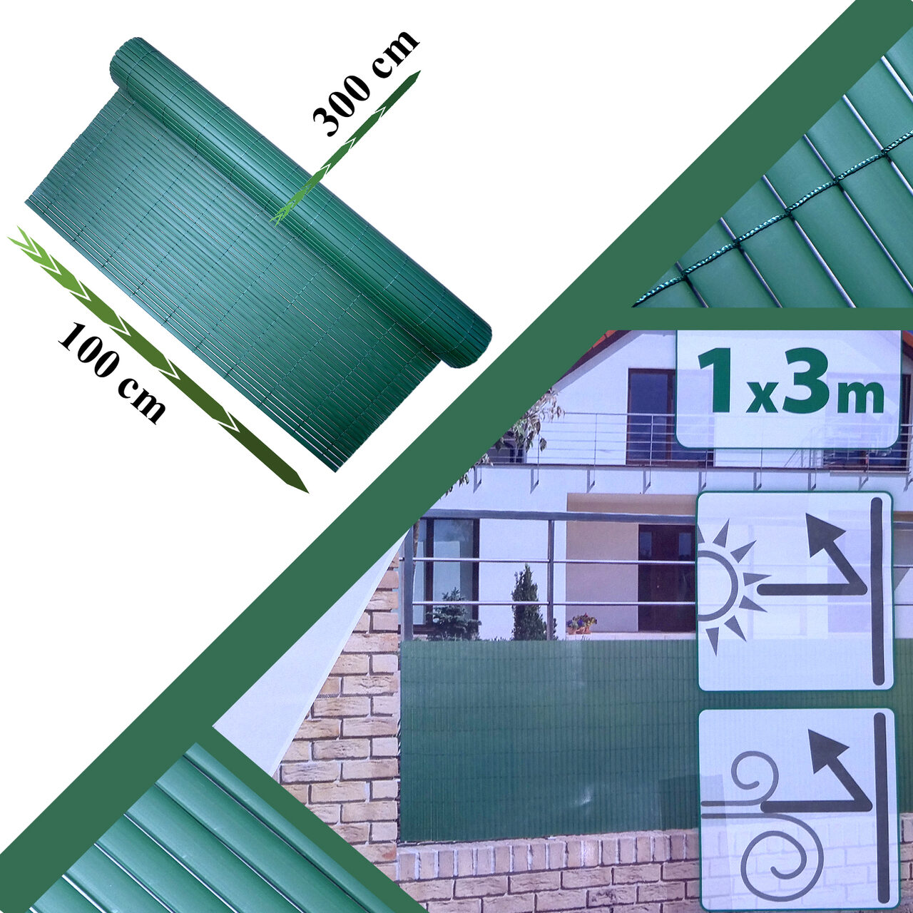 Paravan pentru balcon, terasa din PVC, verde, 1300 g/m2, UV, 3x1 m, MCT ...