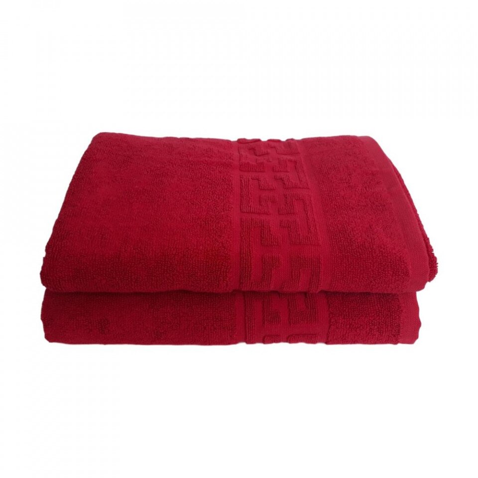 Set 2 prosoape mari groase si pufoase, bumbac, model grecesc, Rosu ...