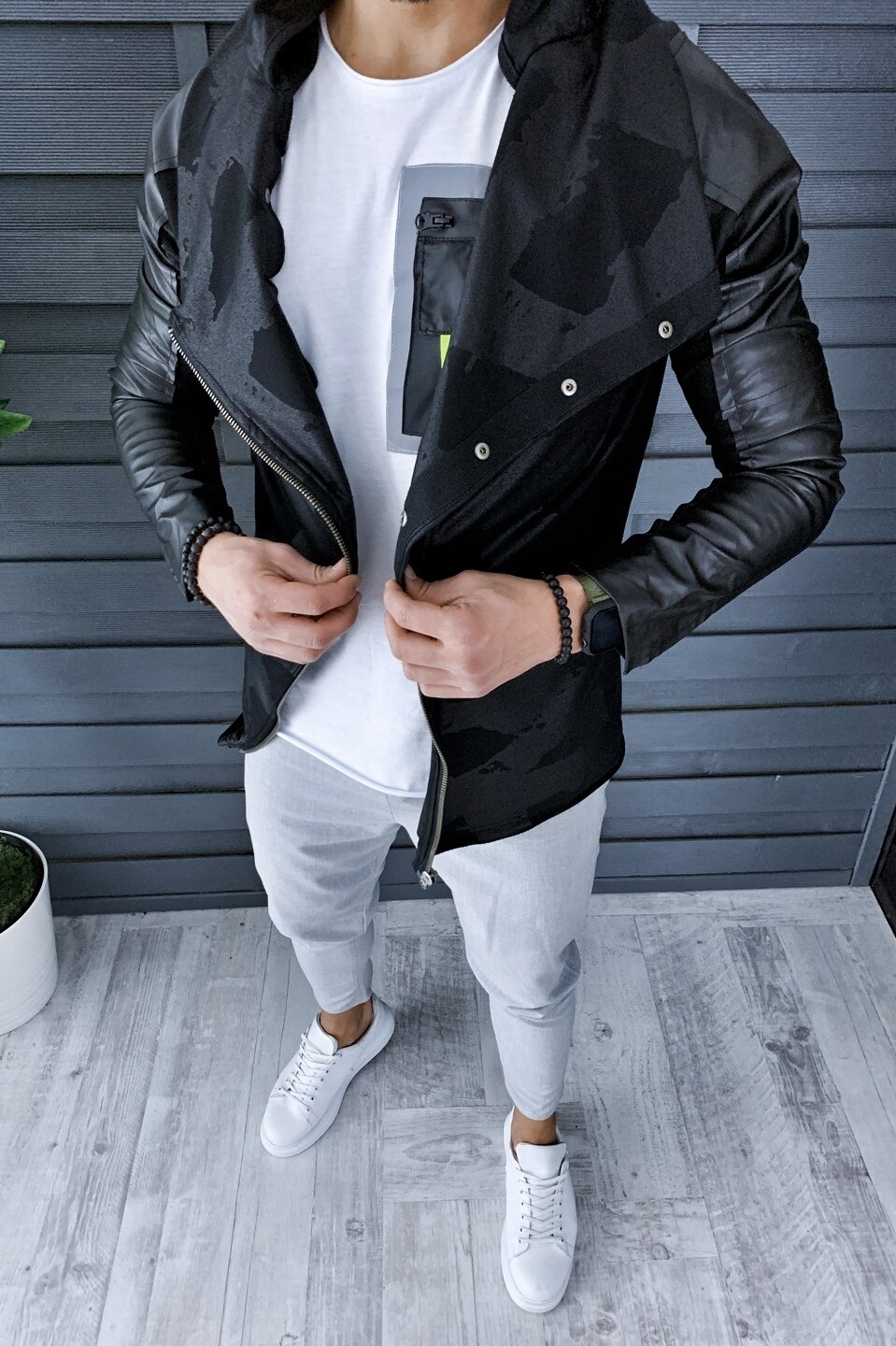 Geaca pentru barbati, neagra, de primavara, inchidere cu fermoar, S ...