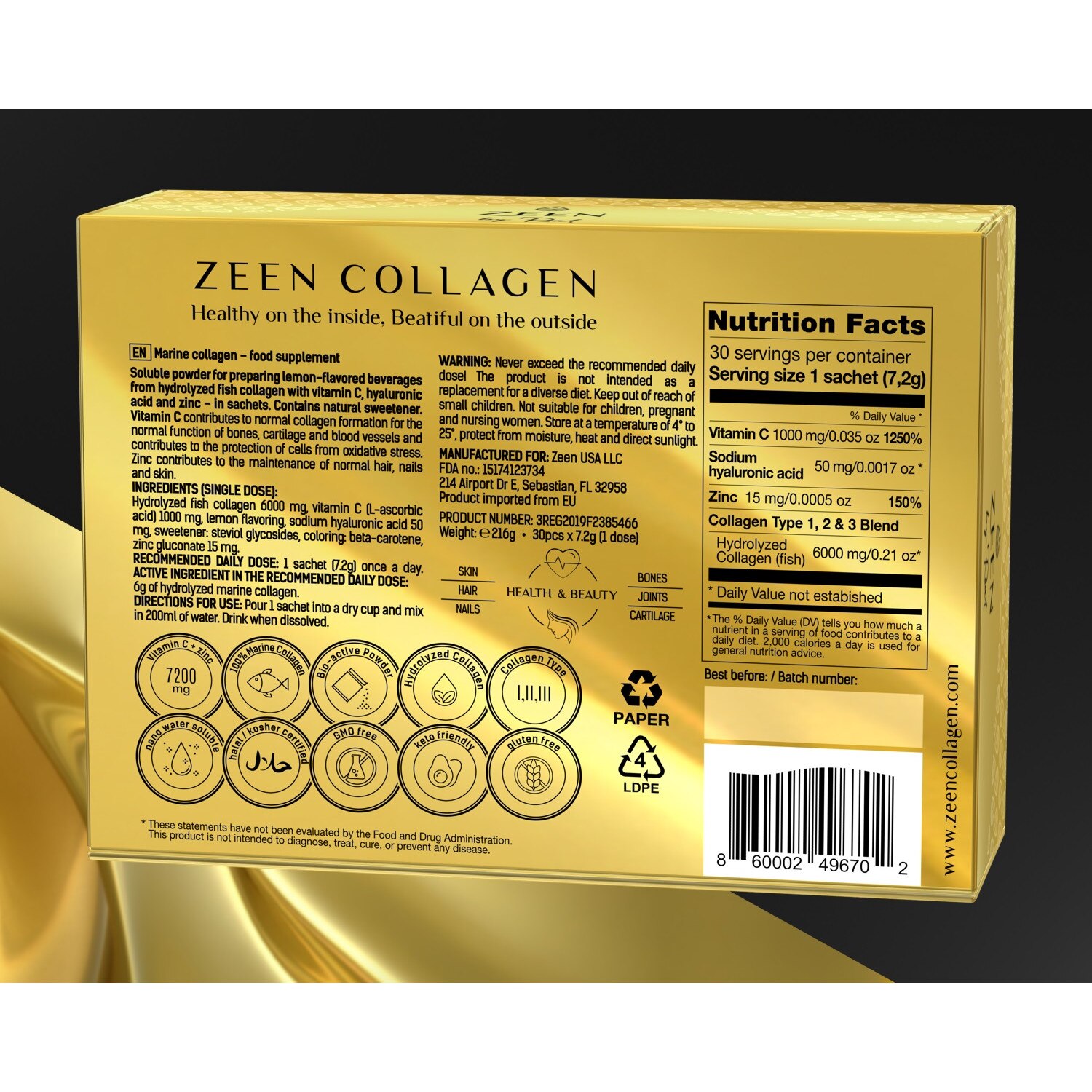 Supliment alimentar ZEEN COLLAGEN cu vitamina C, acid hialuronic si ...