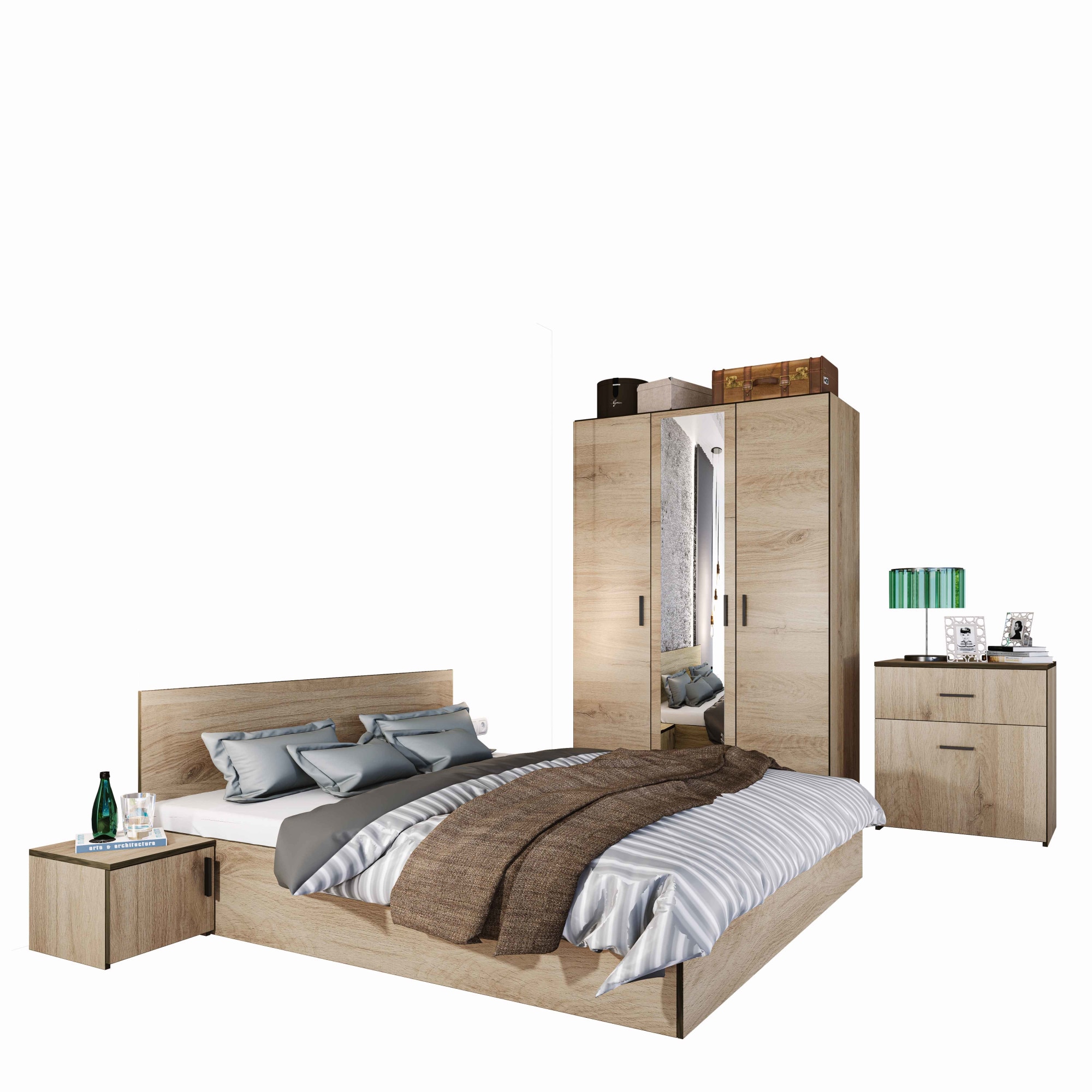 Set Mobila Dormitor Irim Treff, Pat 160x200 cm, Dulap, 2 Noptiere ...