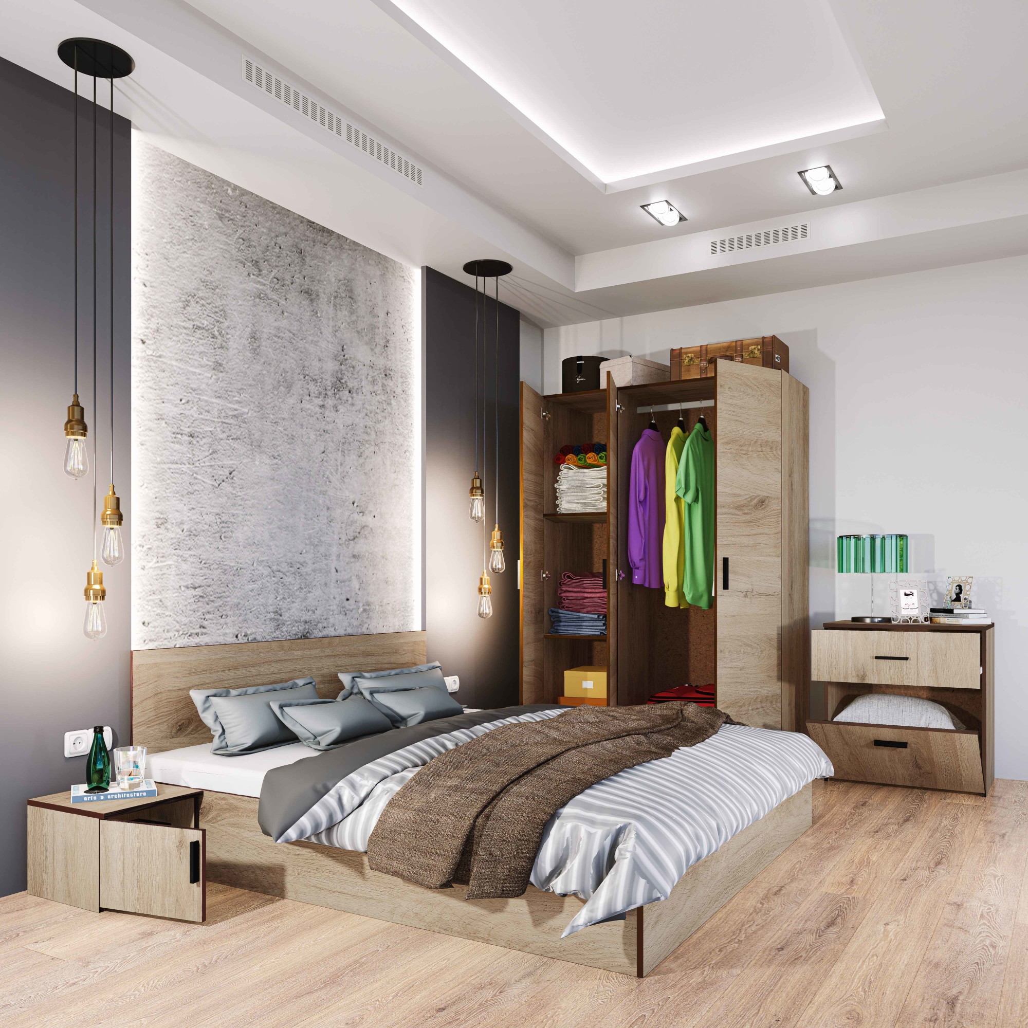 Set Mobila Dormitor Irim Treff, Pat 160x200 cm, Dulap, 2 Noptiere ...