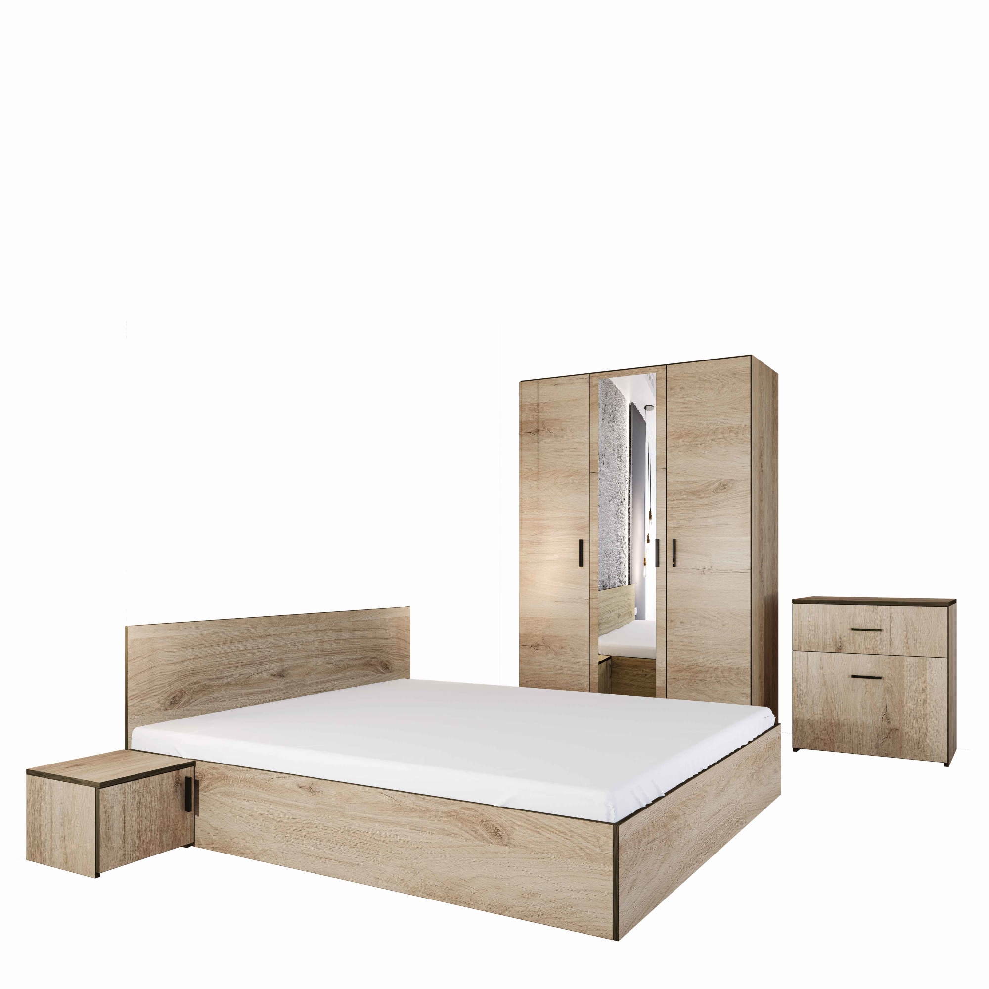 Set Mobila Dormitor Irim Treff, Pat 160x200 cm, Dulap, 2 Noptiere ...