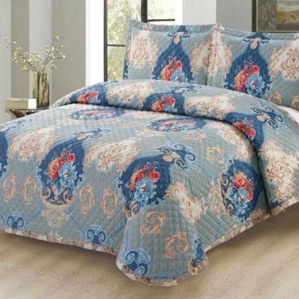 Set Cuvertura de Pat + 2 Fete de Perna, Bumbac Tip Finet, Blue Vases - eMAG.ro