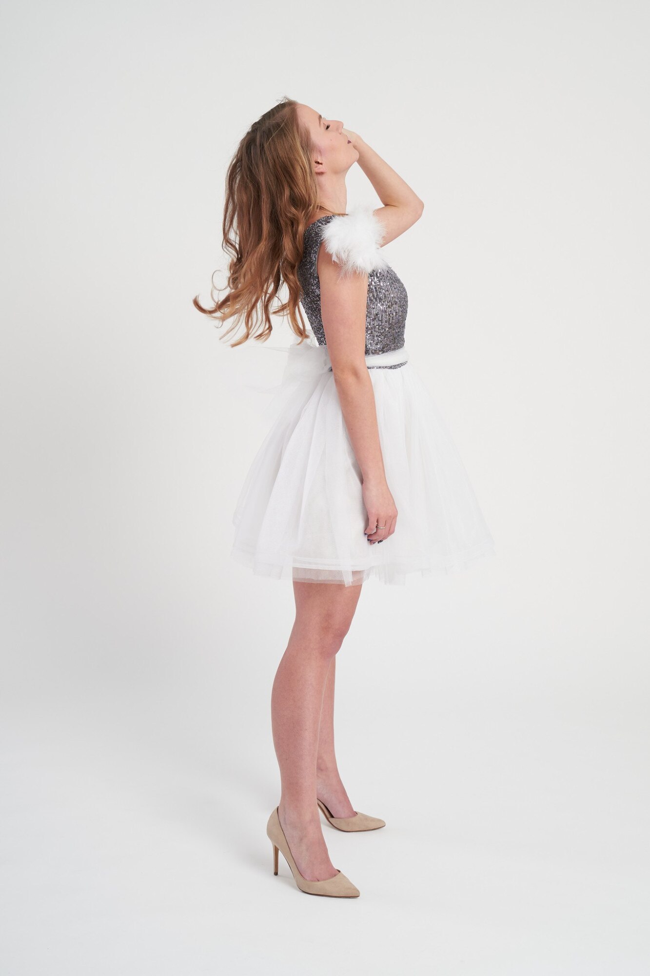 Rochie ocazie scurta,Tull alb cu bust de paieta,Modalaselva,Marime M ...