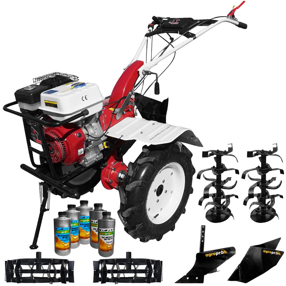 Pachet motocultor profesional AgroPro HS 1000B cu far, 7 CP, 3 viteze ...