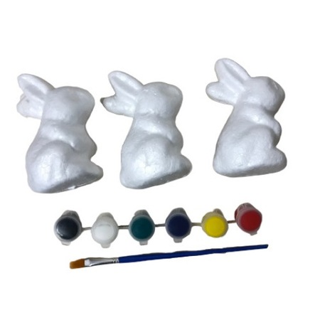 Iepuras polistiren pentru pictat 9cm + tempera set 6 culori, 3 buc/set ...
