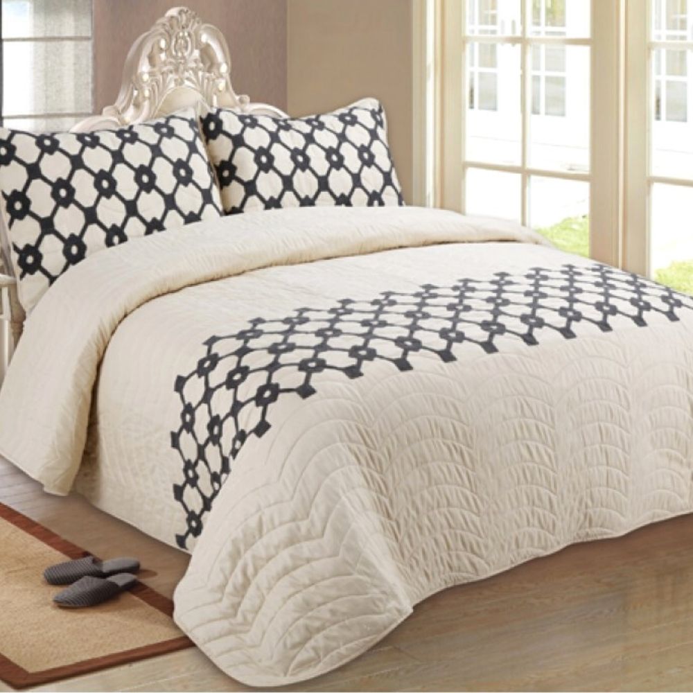 Set Cuvertura de Pat + 2 Fete de Perna, Bumbac Tip Finet, 230x250 cm, Mesh Fence - eMAG.ro