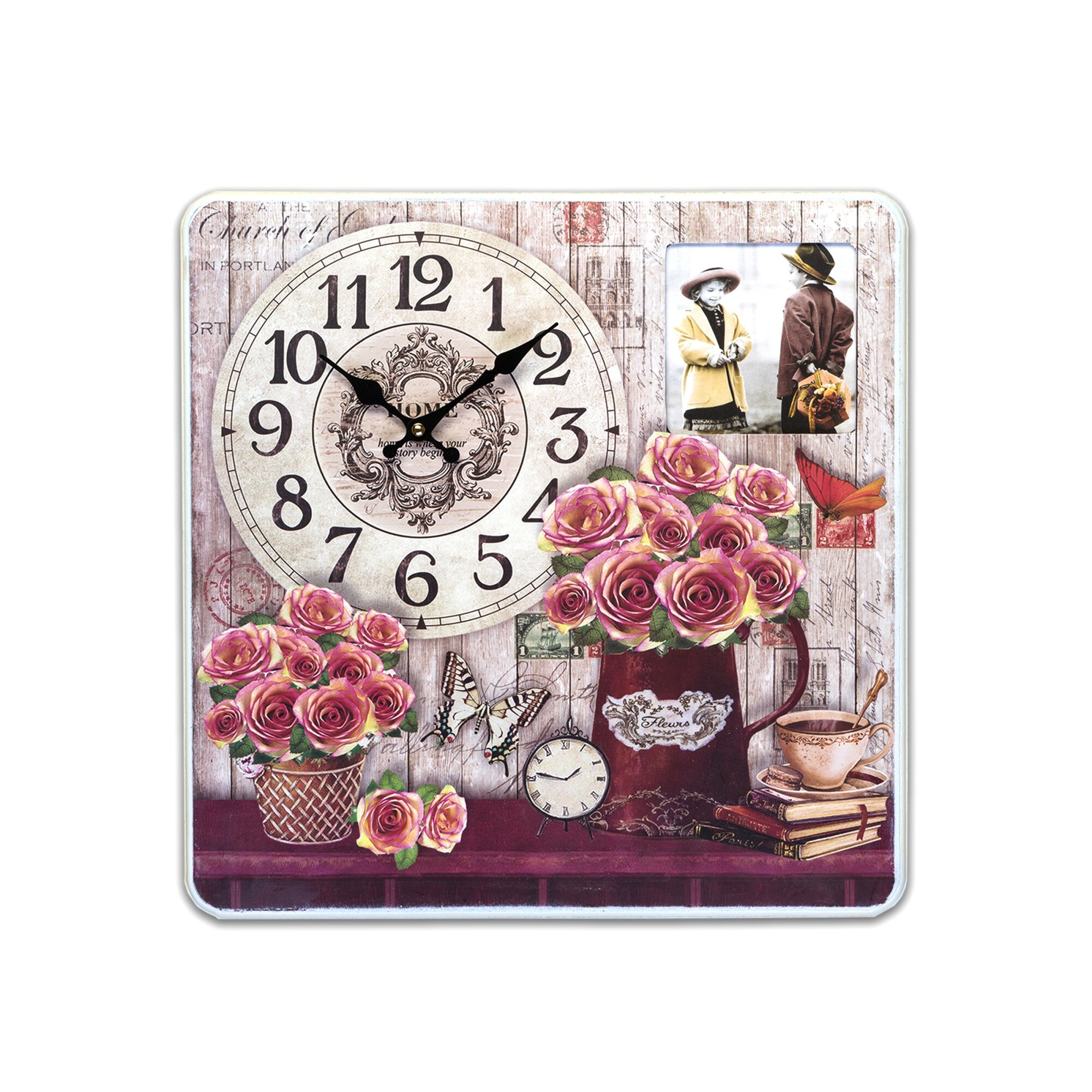 Ceas decorativ cu rama foto, 40x40cm, red roses - eMAG.ro