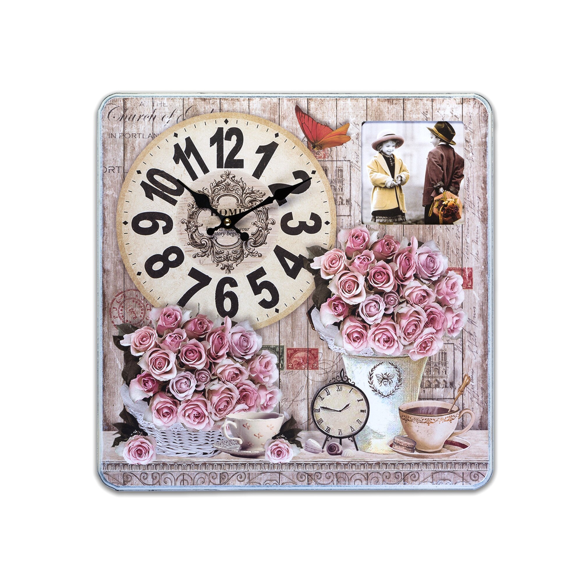 Ceas decorativ cu rama foto, 40x40cm, pink roses - eMAG.ro