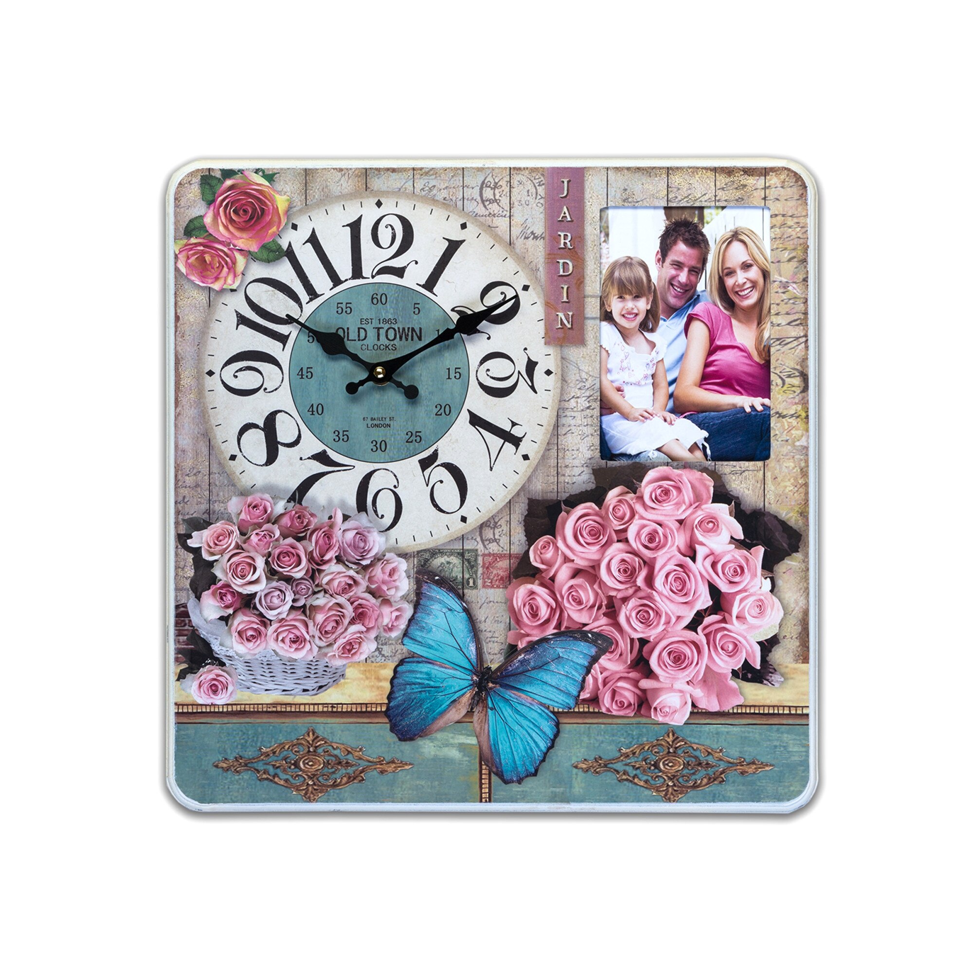 Ceas decorativ cu rama foto, 40x40cm, blue butterfly - eMAG.ro
