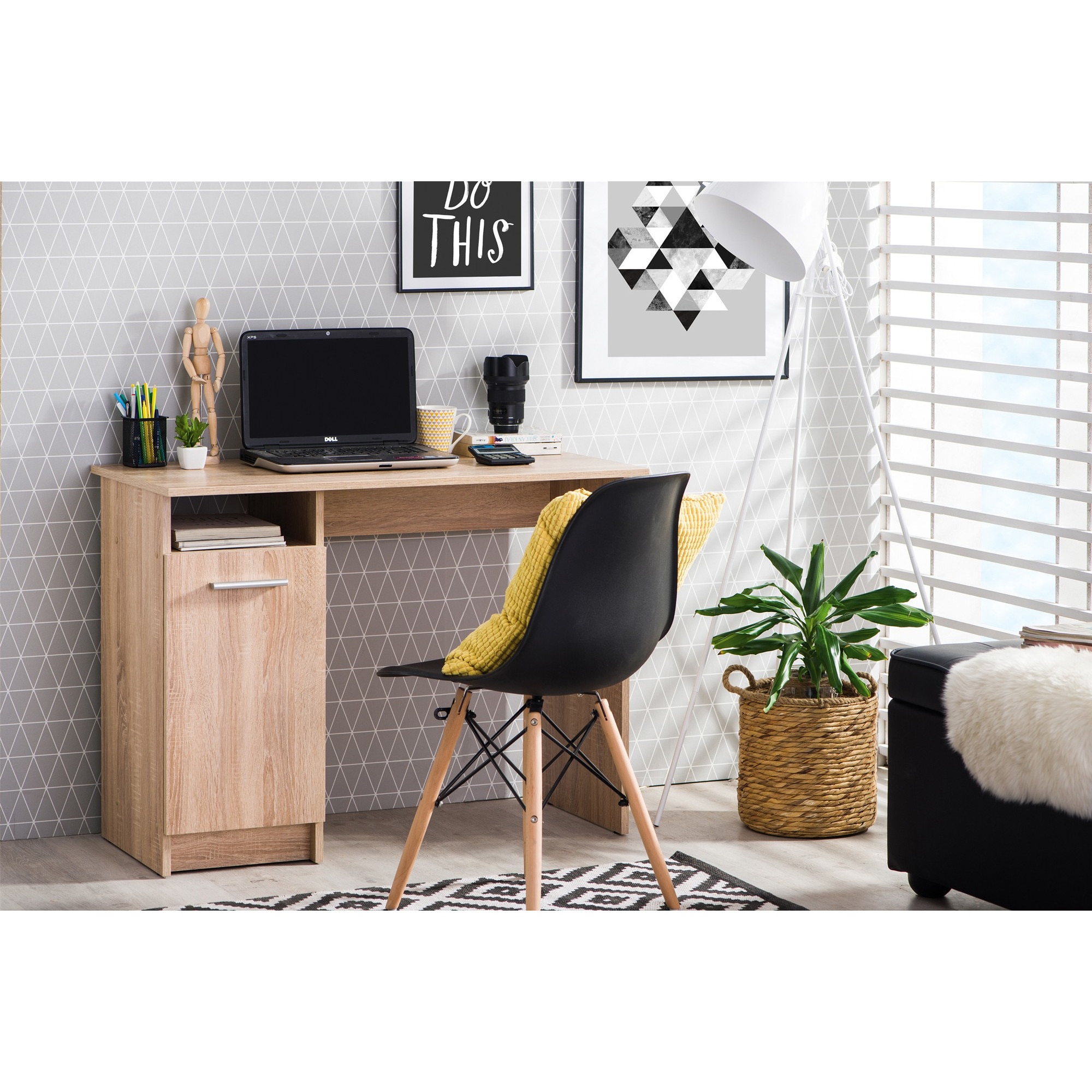 Birou ART design simplu si elegant, PAL melaminat cu finisaj stejar ...