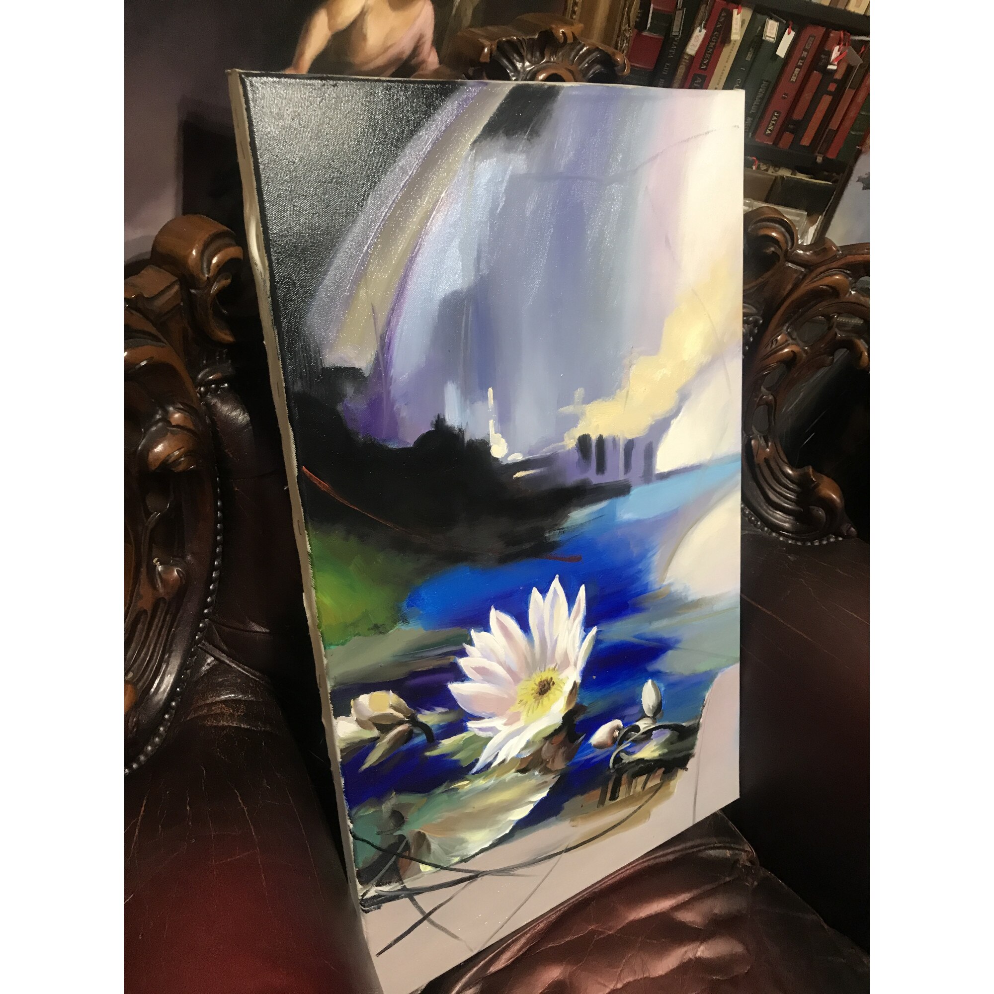 Tablou pictat manual ulei panza cu floare de nufar, pictura lotus ...