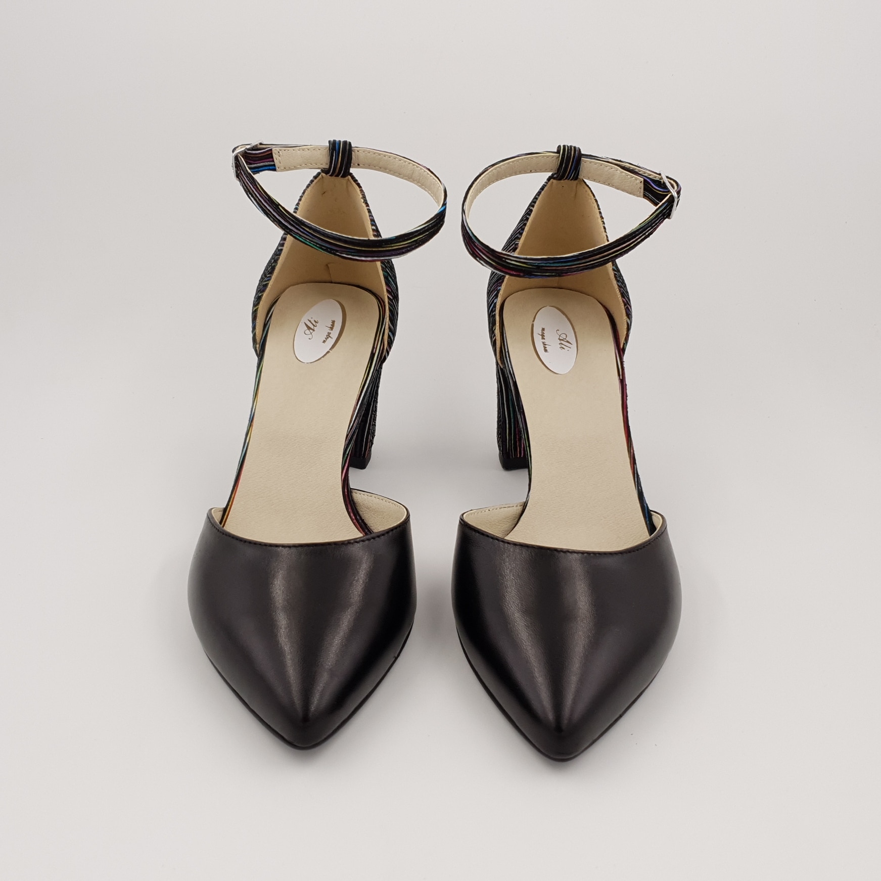 Sandale dama, SandAli, piele naturala, toc gros, imbracat, negru cu ...