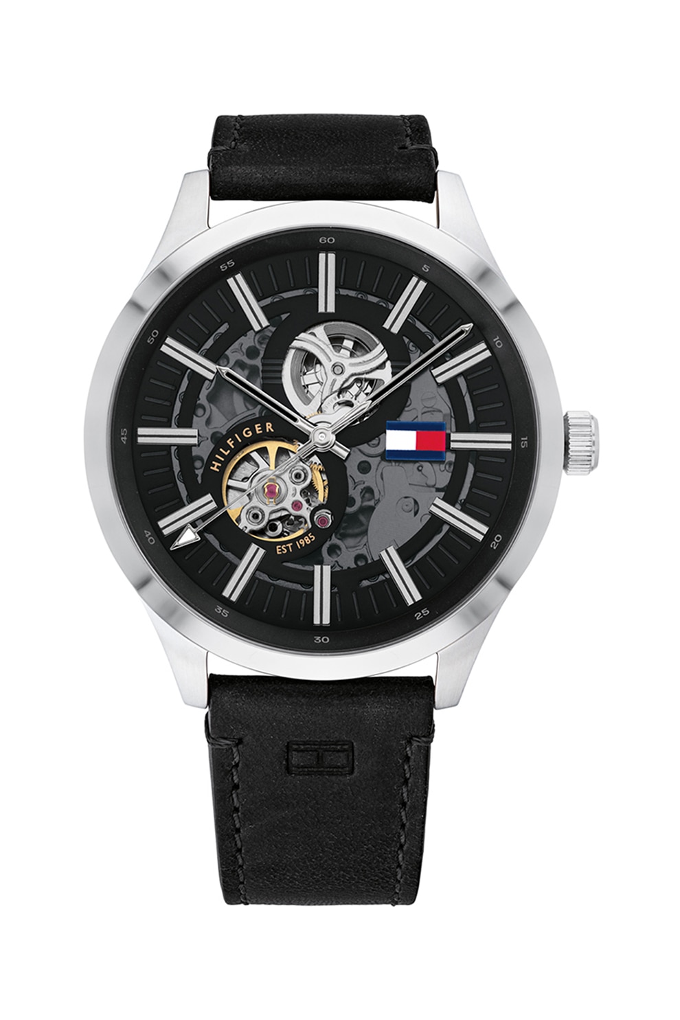 Tommy Hilfiger, Ceas automatic cu mecanism vizibil, Negru/Argintiu ...