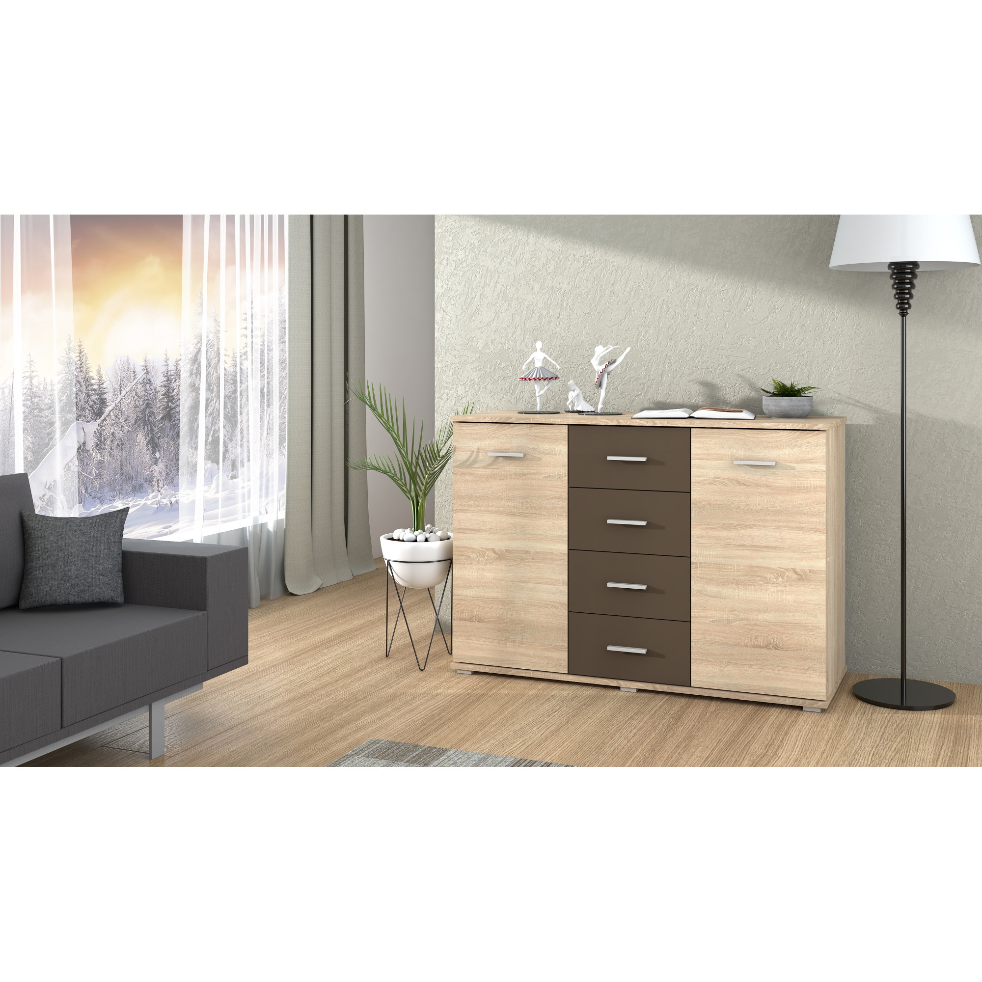 Comoda RIO, 120x43x88cm, Sonoma + Gri - eMAG.ro