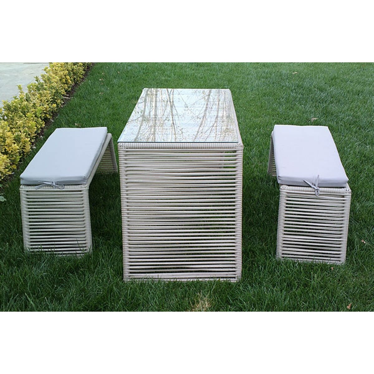 Set 3 piese mobilier pentru gradina/terasa,cu aspect de rattan, gri ...