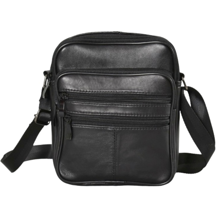 Geanta barbati, Piele naturala, Compartimentata, 17/21/6cm, Neagra ...