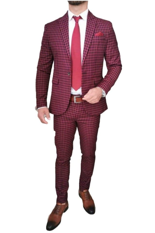 Costum barbat, Sunt Romanesc, slim fit, roz in carouri mici, marimea L ...