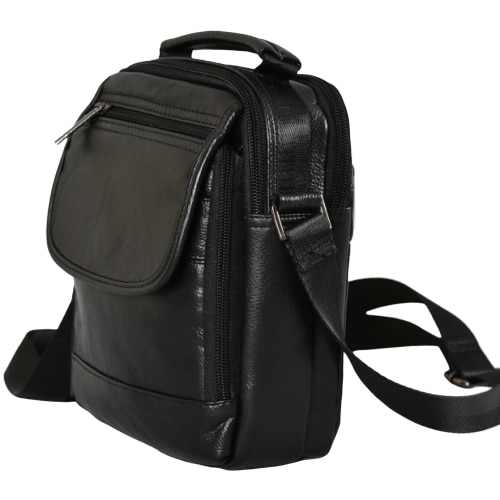 Geanta barbati, Piele naturala, Compartimentata, 15/19/6cm, Neagra ...