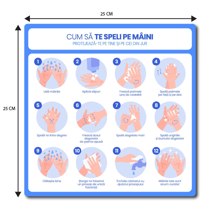 Sticker instructiuni spalare a mainilor, patrat, 25x25 cm (RO) - eMAG.ro
