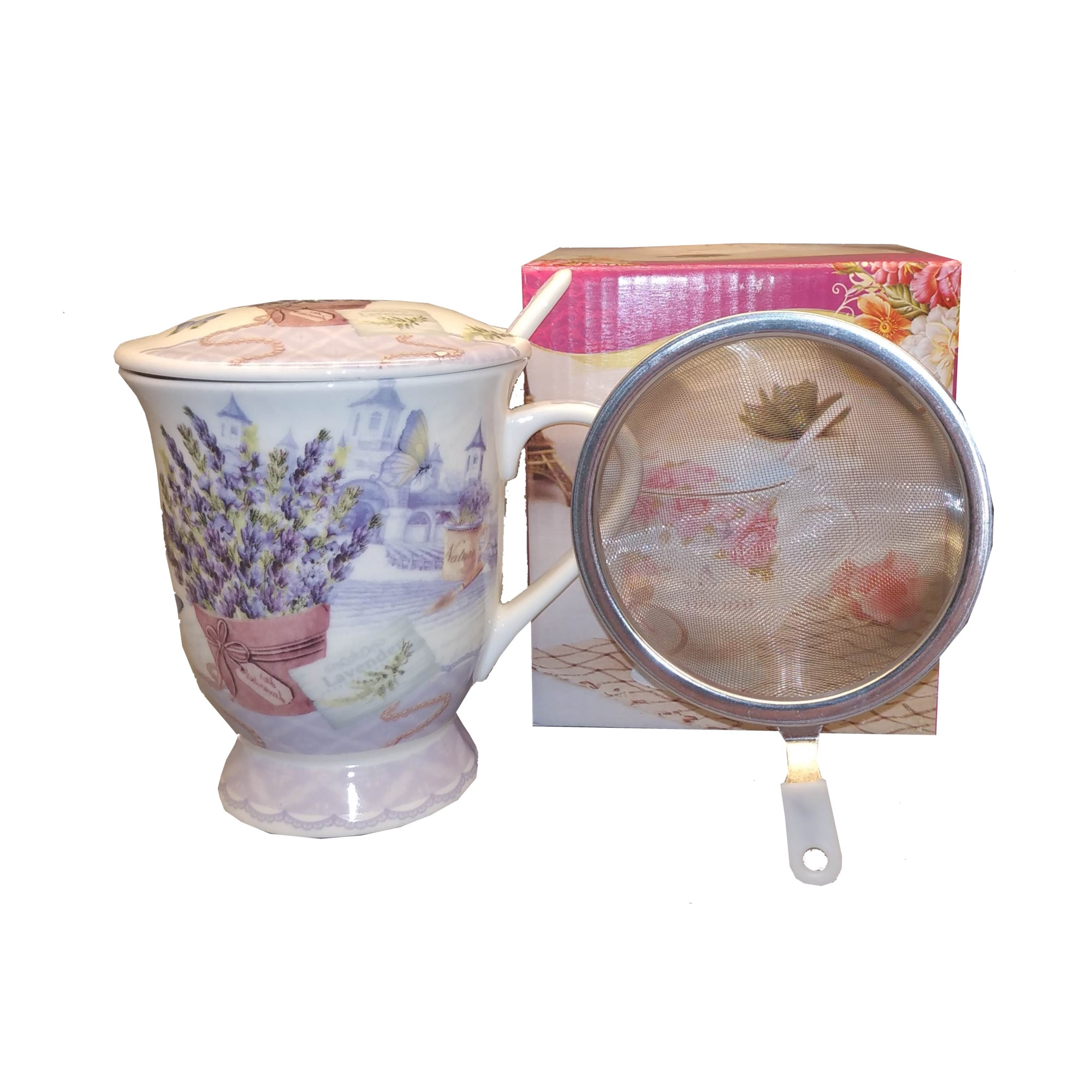 Cana ceai 250 ml, cu infuzor si lingurita, model lavanda, ClauM - eMAG.ro