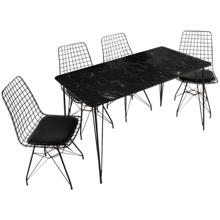 Set masa marmorata cu 4 scaune metal, Dream Homs, negru marmorat 70 x ...