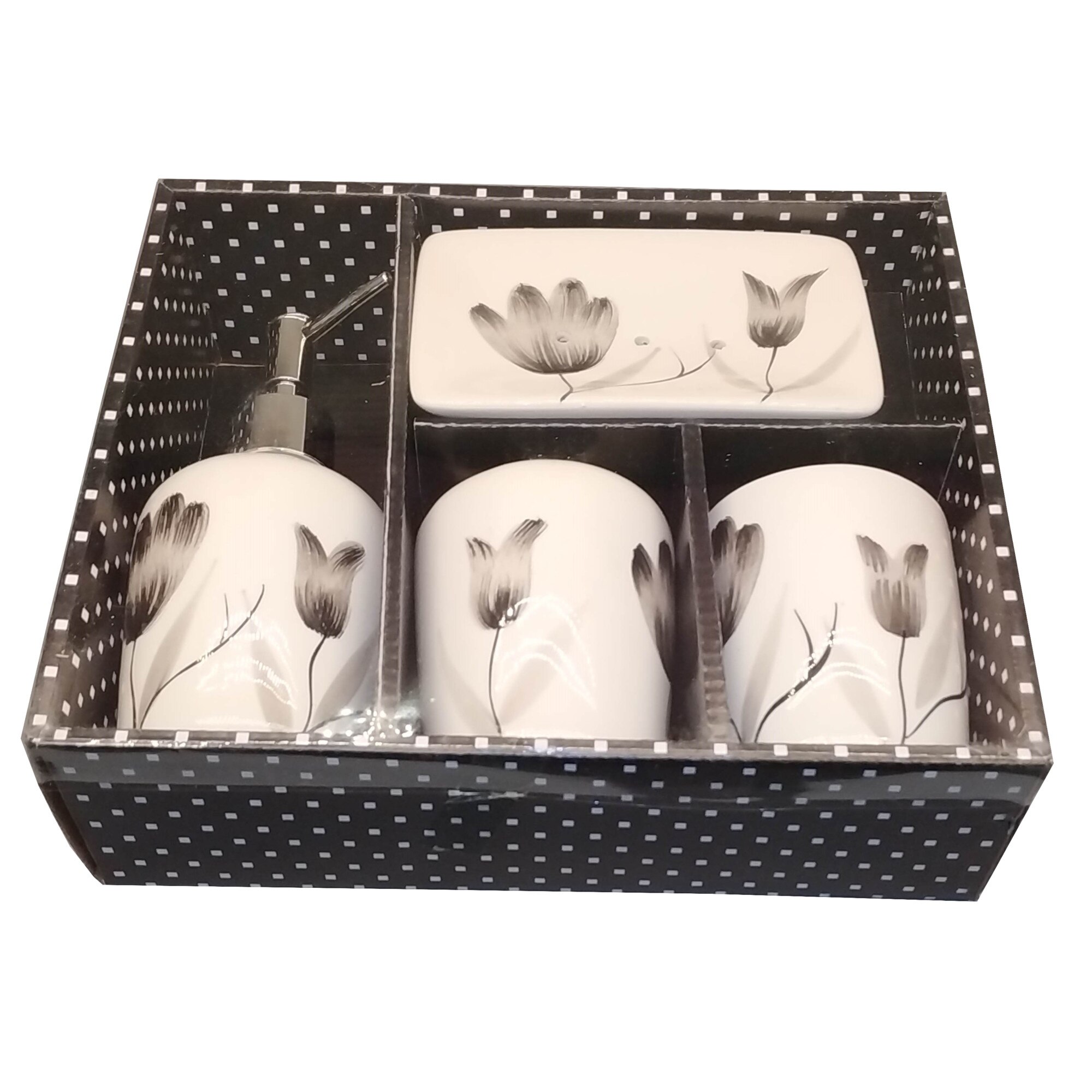 Set baie ceramic, flori negre, 4 piese - eMAG.ro