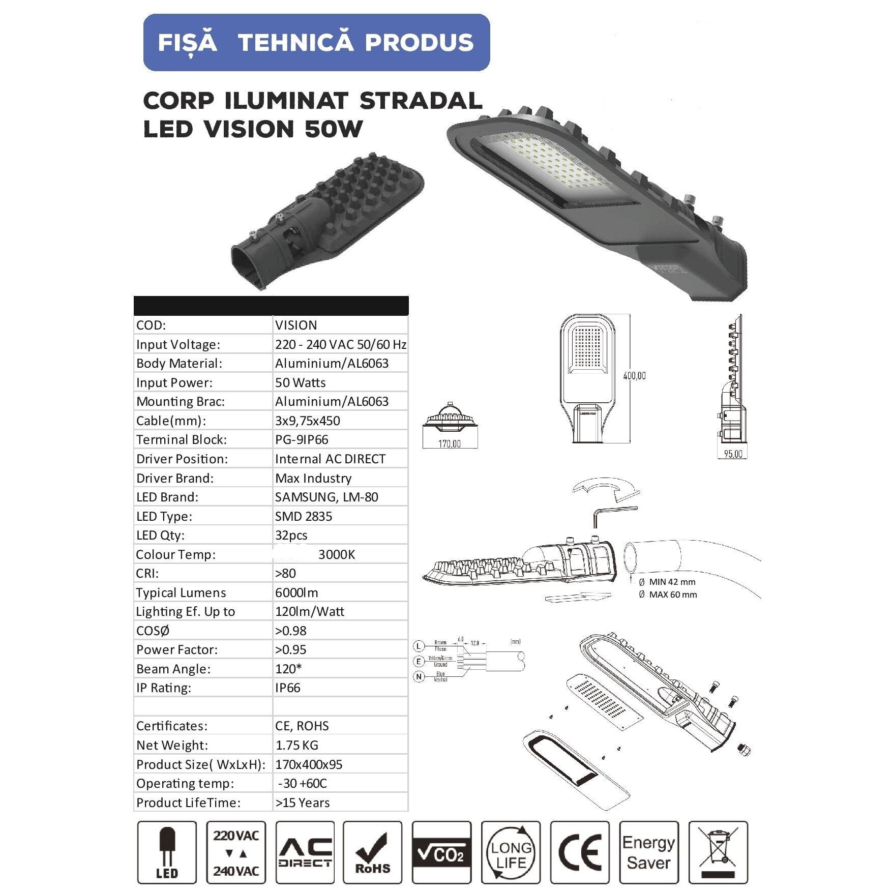 Lampa stradala cu led Samsung 50W, 3000K - eMAG.ro
