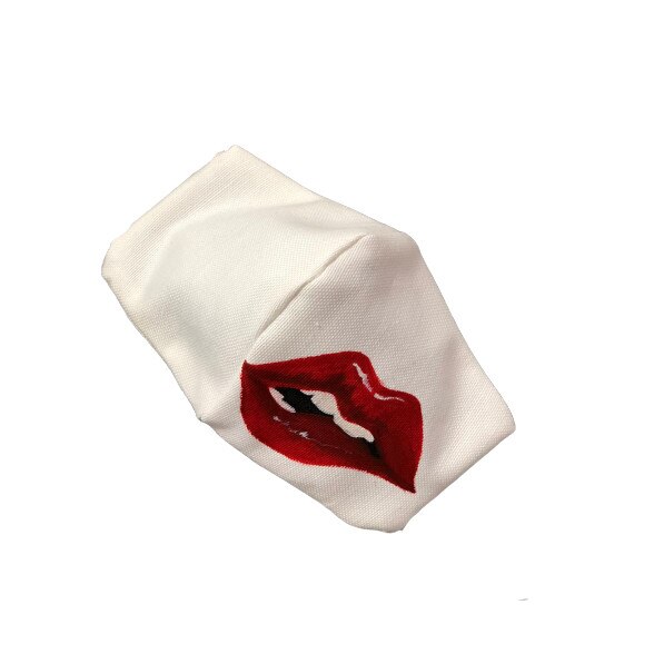 Masca alba de protectie Bumbac damasc, Kiss, pictata manual, 2 straturi ...