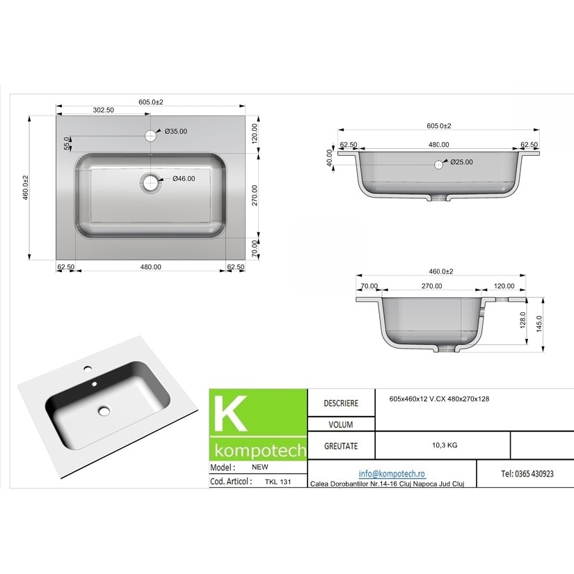 Lavoar compozit pentru mobilier baie 605x460x145 mm, Kompotech, Alb ...