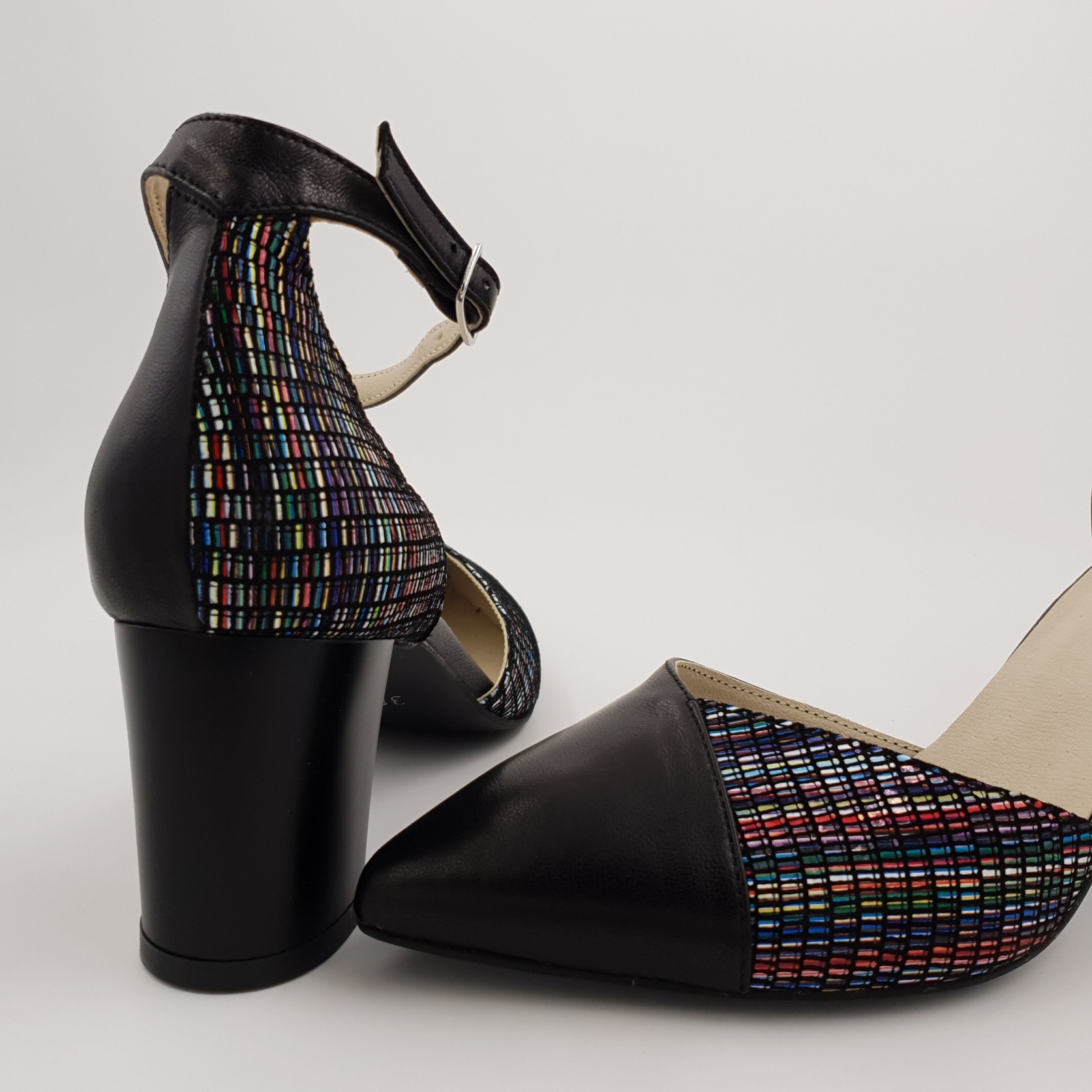 Sandale dama, SandAli, varf ascutit, piele naturala, toc gros, negru cu ...