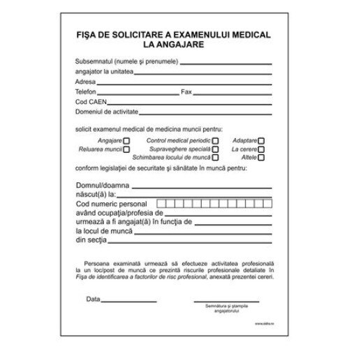Fisa de solicitare a examenului medical la angajare, Format A4 ...