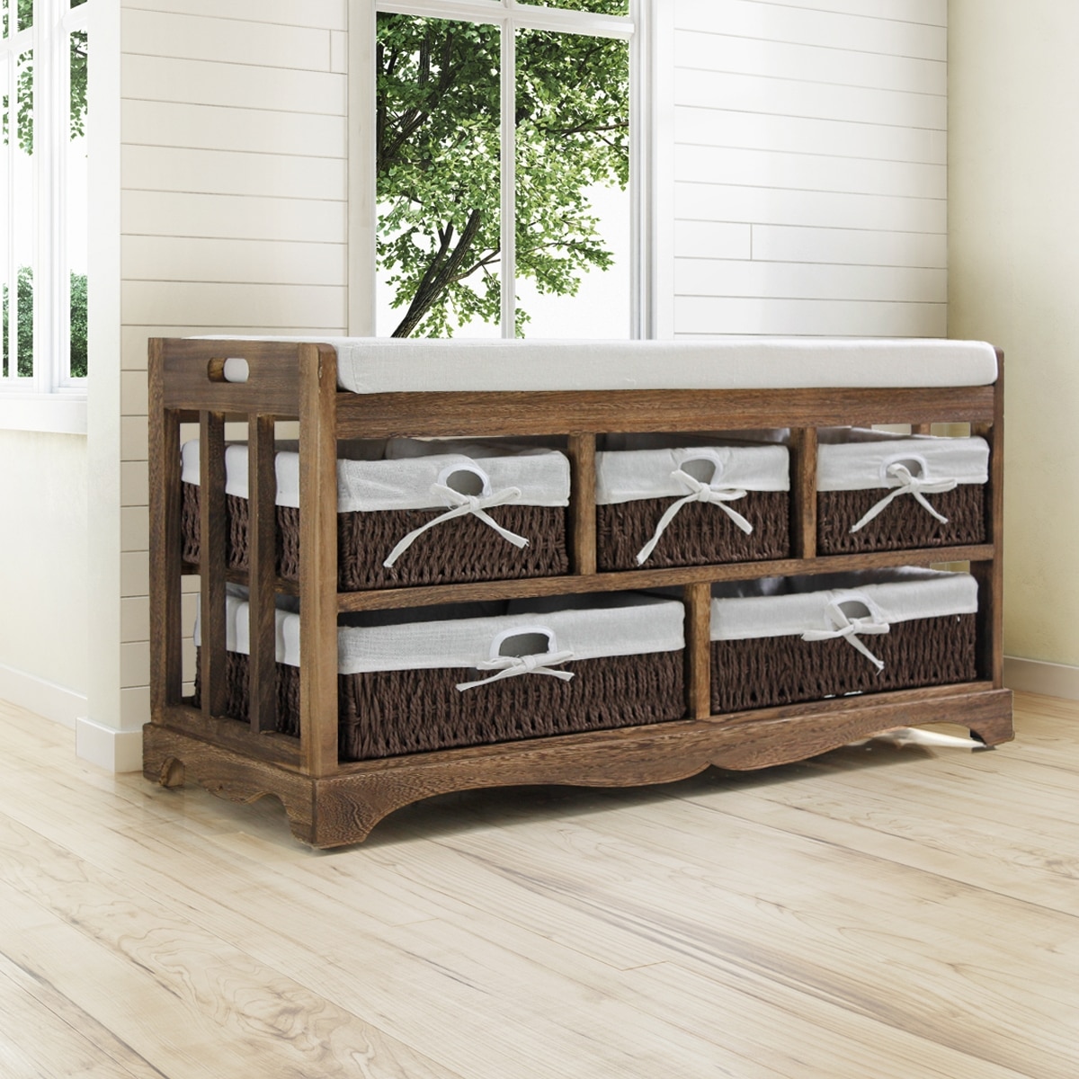 Comoda din lemn Paulownia cu 5 cosuri, ECD Germany, maro, perna alba ...