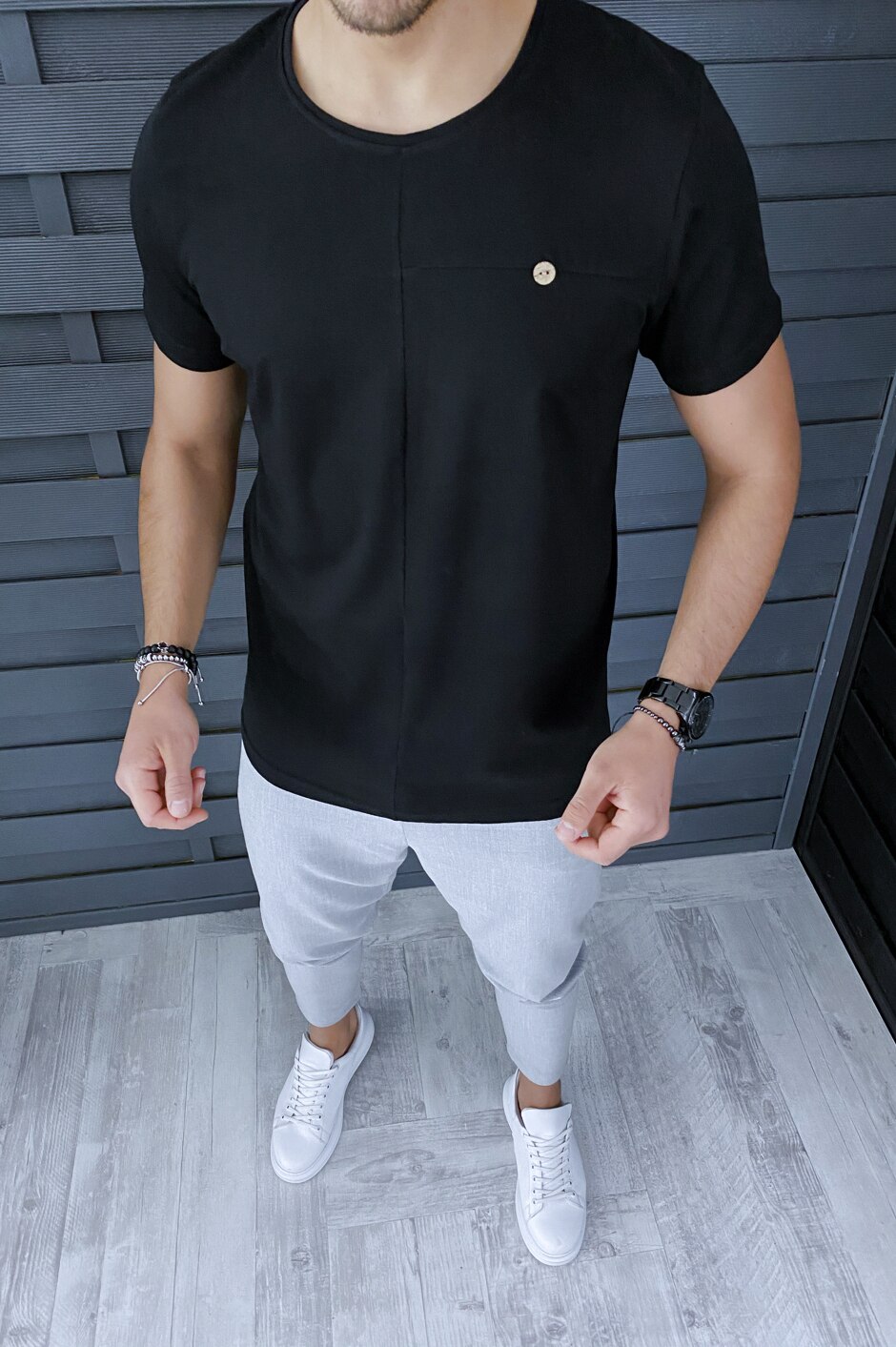 deHaine Fekete póló A9534, karcsúsított szabású, férfi, egyszerű modell ...