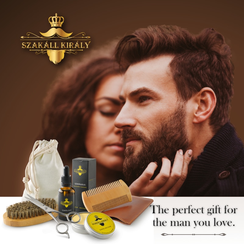 Pachet exclusiv pentru intretinere barba: ulei, balsam, perie, foarfeca ...