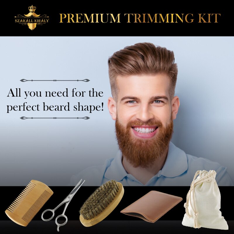 Pachet exclusiv pentru intretinere barba: ulei, balsam, perie, foarfeca ...