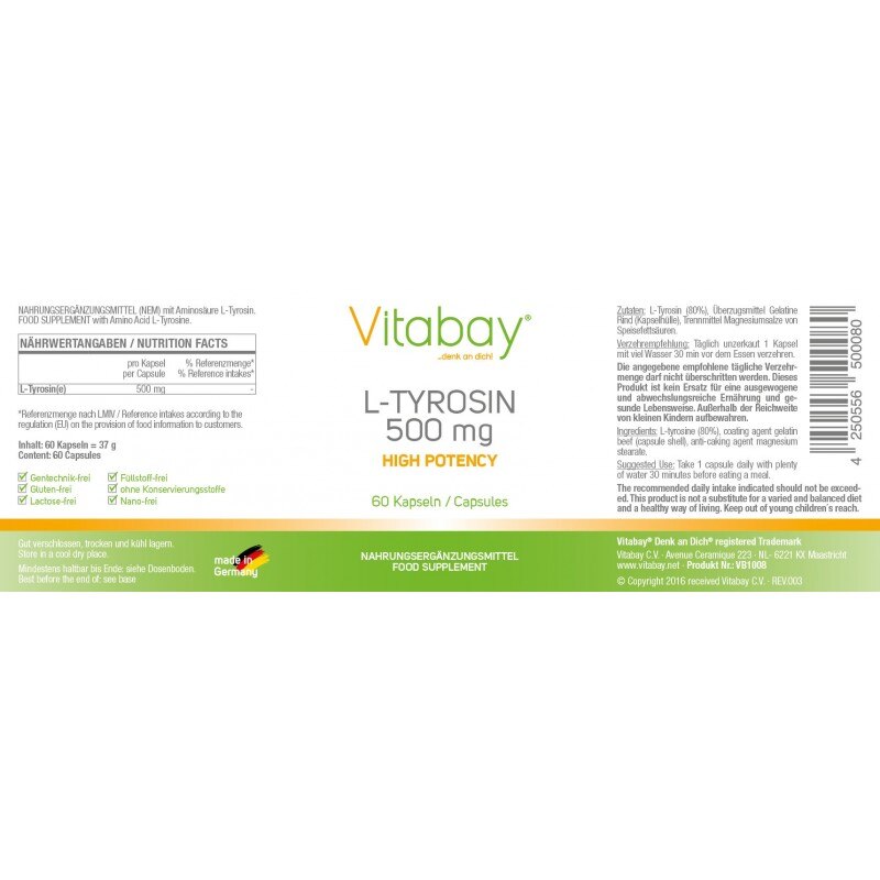 Vitabay L-Tyrosine (L-Tirozina), 500 mg, 60 Capsule - eMAG.ro
