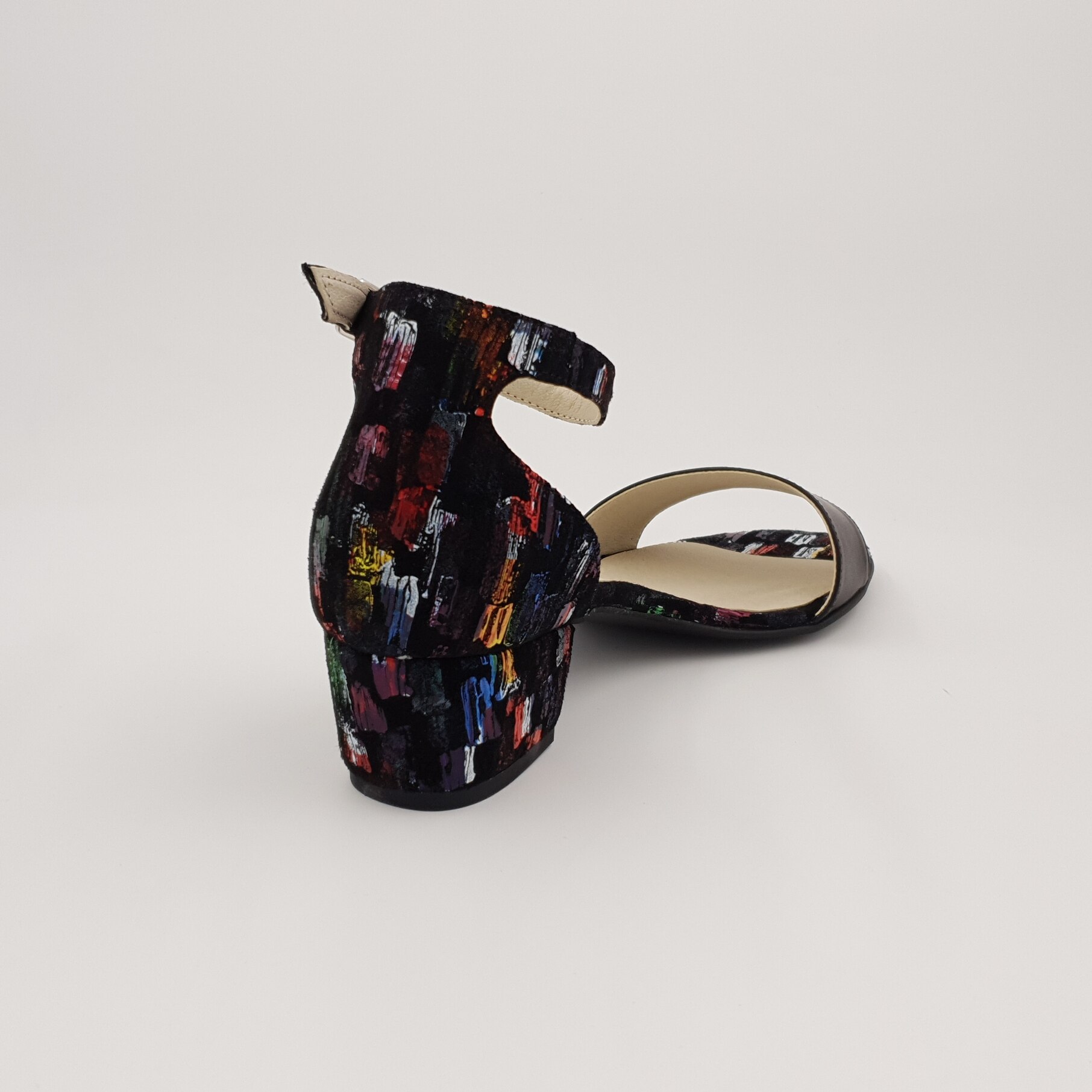 Sandale dama, SandAli, piele naturala, toc mic gros, negru cu patrate ...