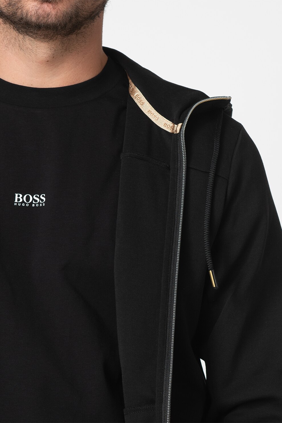 Boss Hugo Boss, Hanorac cu fermoar si logo discret, Negru/Auriu, L - eMAG.ro